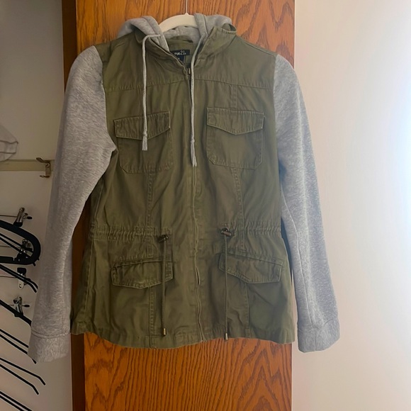 Jackets & Coats | Green Zipup Cargo Jacket With Gray Sleeves Hood ...